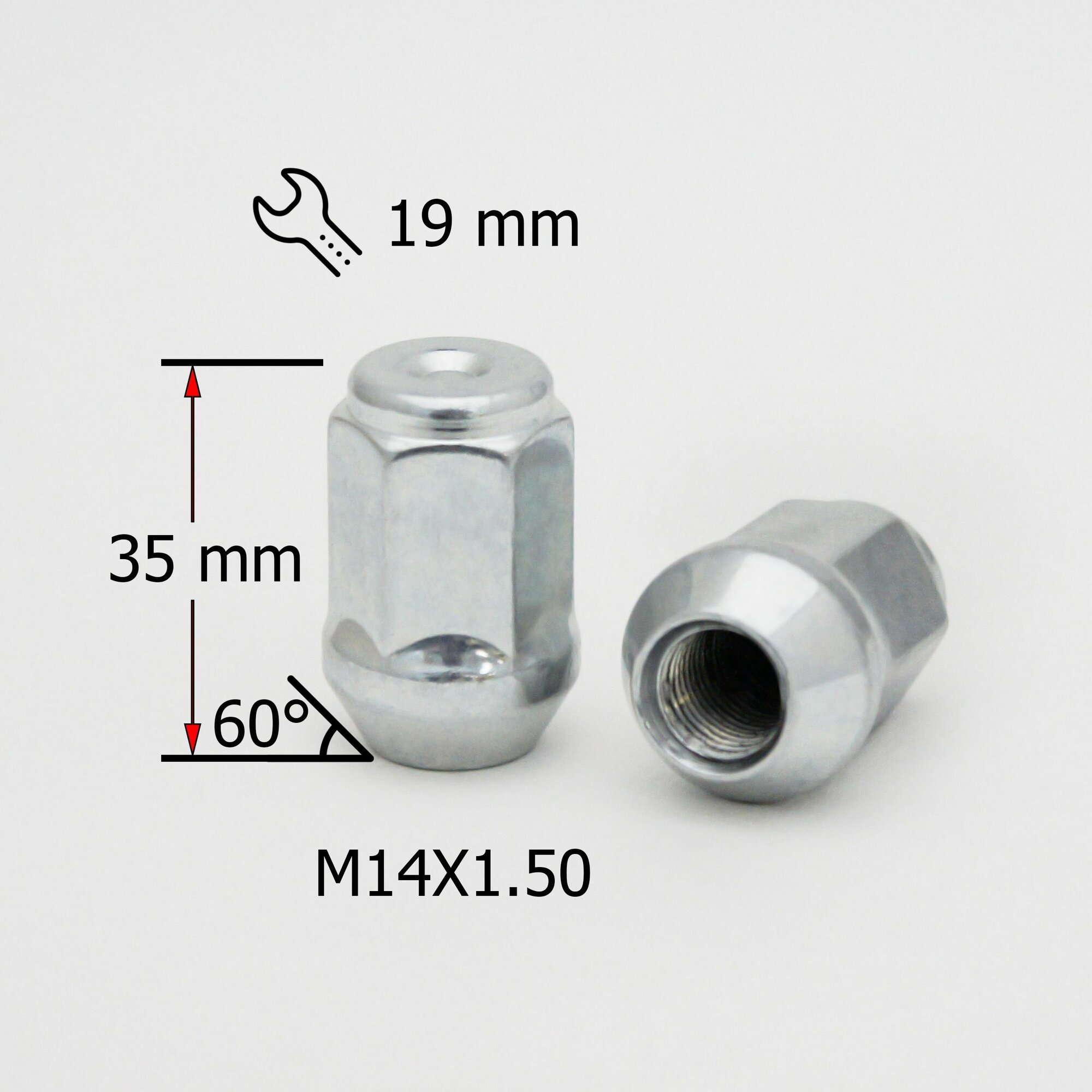 Гайка колесная M12х1,5 Сфера, высота 20мм открытая, ключ 19мм, Цинк