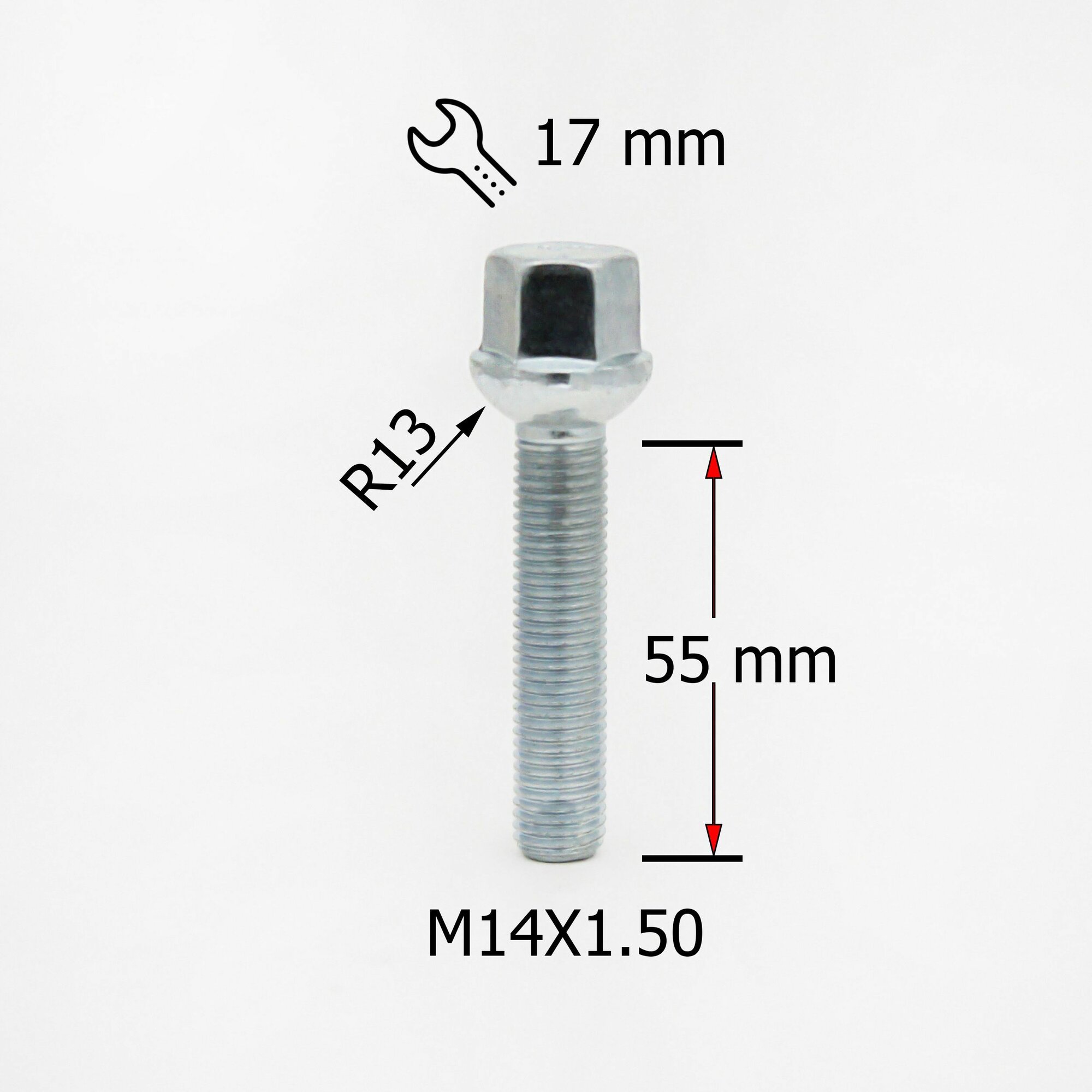 Болт колесный M14x1,5 длина резьбовой части 55мм, сфера, ключ 17мм, цинк