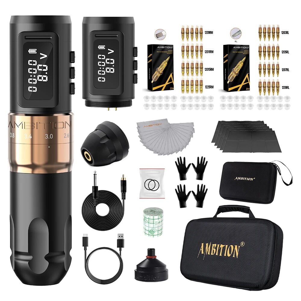 Беспроводная тату-машина Ambition MARS-U с комплектом игл 2battery gold