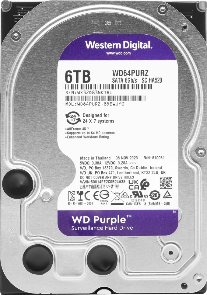 Жесткий диск WD SATA-III 6TB WD64PURZ Surveillance Purple (5400rpm) 256Mb 3.5" — фото 1