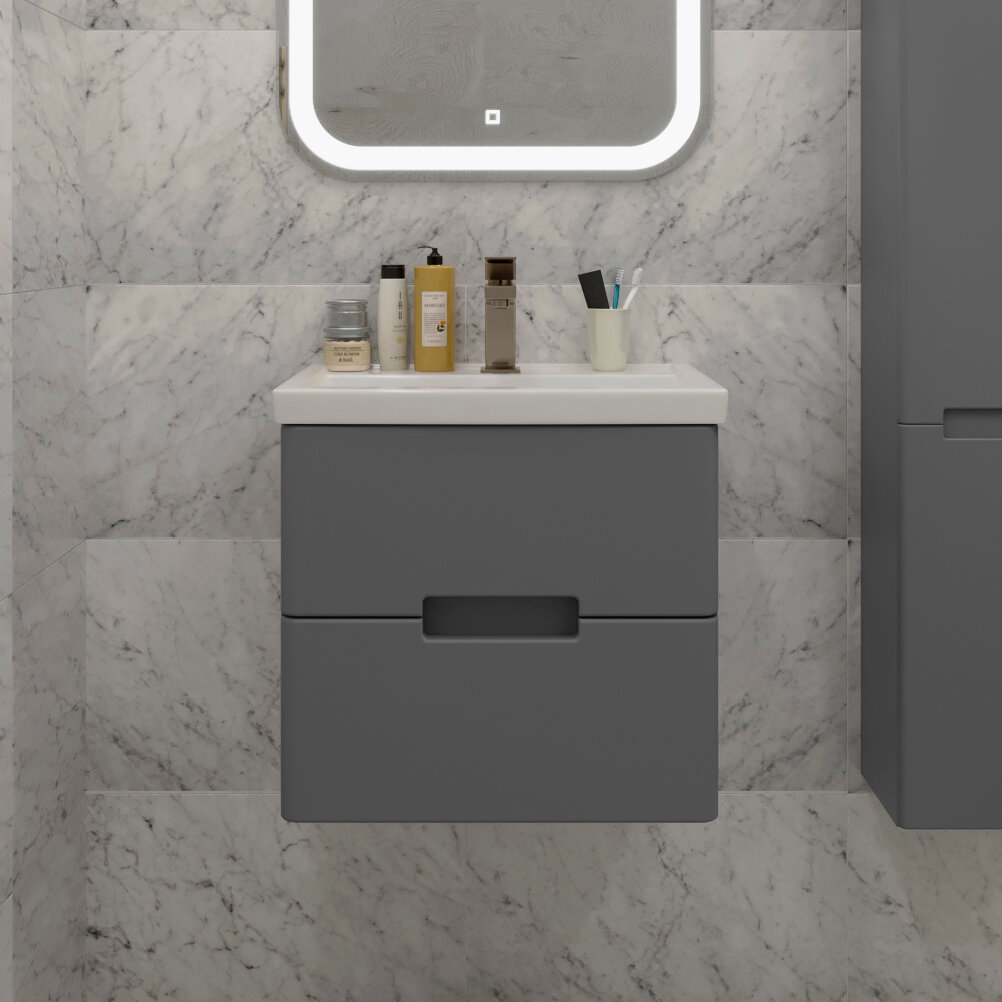 Тумба подвесная SanStar Noche 50 с раковиной Фостер 50 (комплект) для ванной комнаты Графит софт