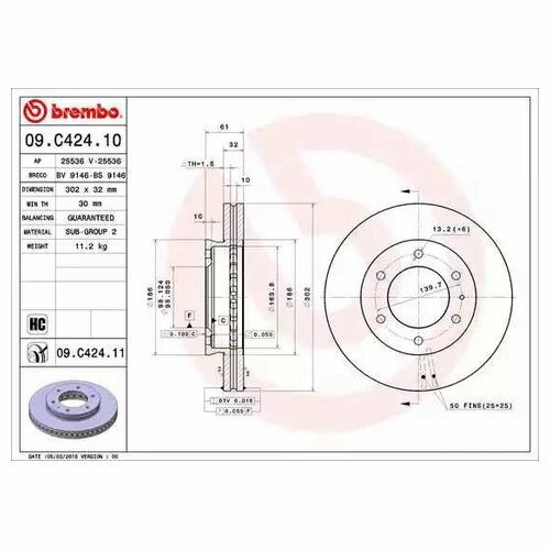 Тормозной диск передний Brembo 09C42411 для Ford Ranger; Mazda BT-50