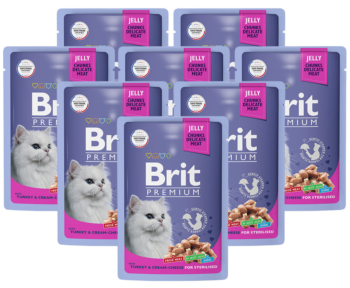Корм влажный Brit Premium для взрослых кастрированных котов и стерилизованных кошек с индейкой и сыром пауч кусочки в желе, 85 г х 8 шт