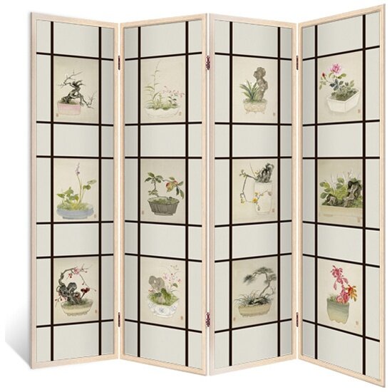 Ширма перегородка Декор Депо для комнаты деревянная "Японская живопись. Цветы" двухсторонняя с картинкой (цветы) 4 створки кремовый дуб 176х185 см 14 кг