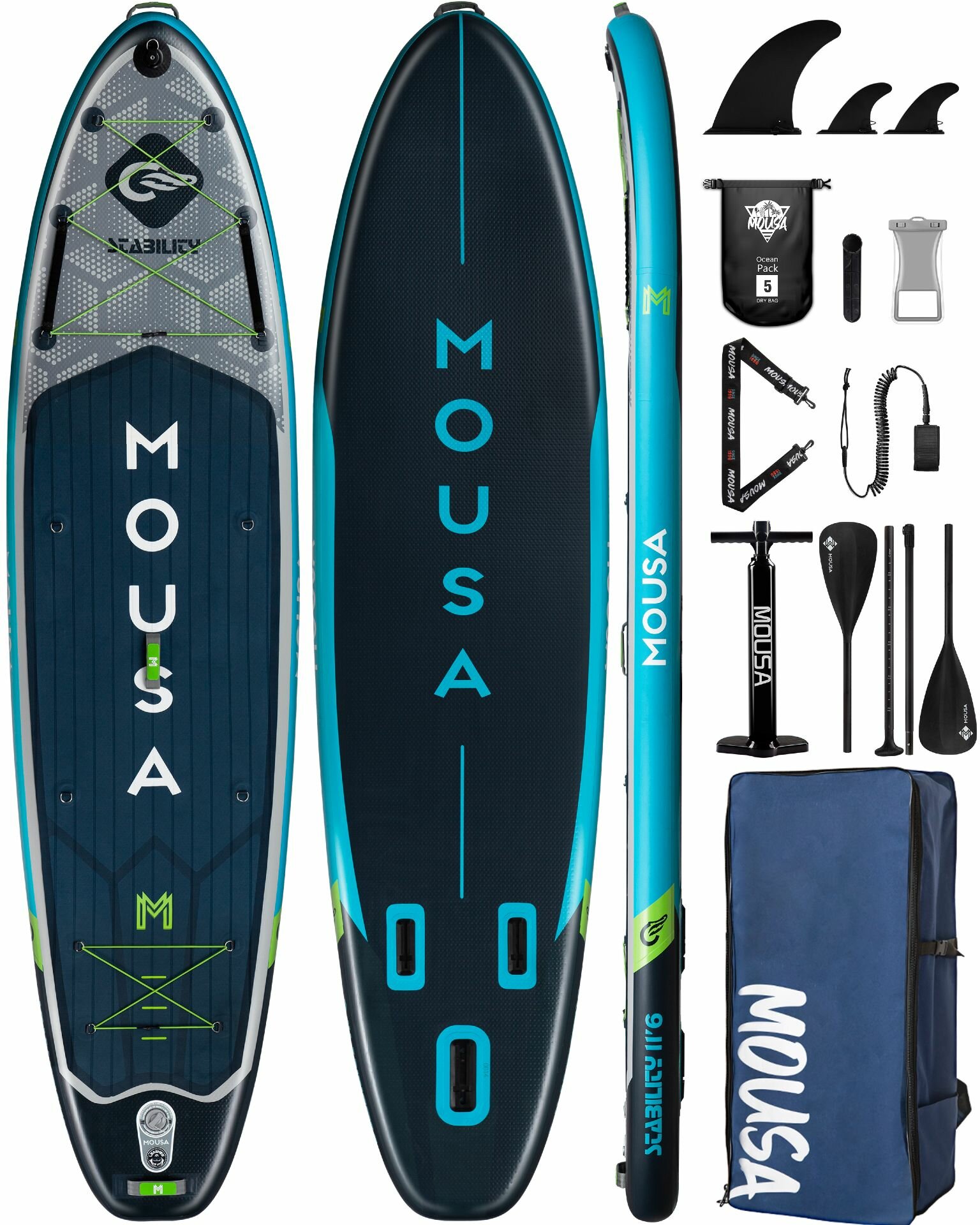 Надувной SUP сапборд MOUSA Crocodile Grey 11'6 (350х86х15 см), двухслойный, до 190 кг, весло каячное и насос в комплекте