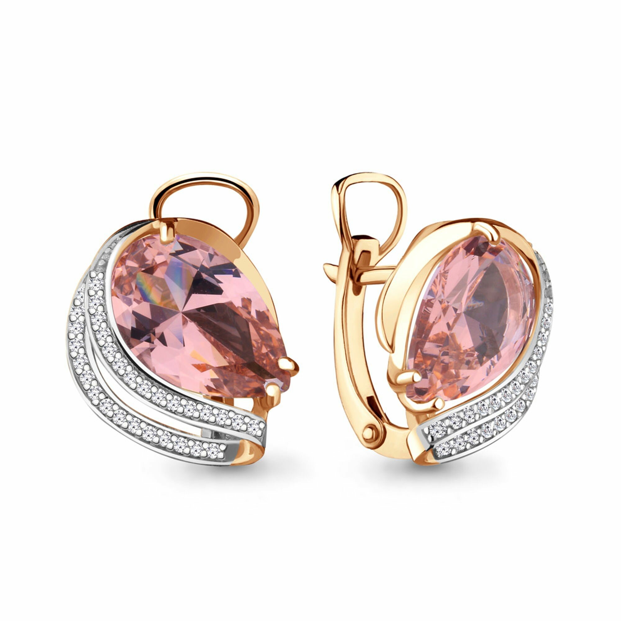 Серьги, серебро, 925 проба, золочение, фианит, морганит