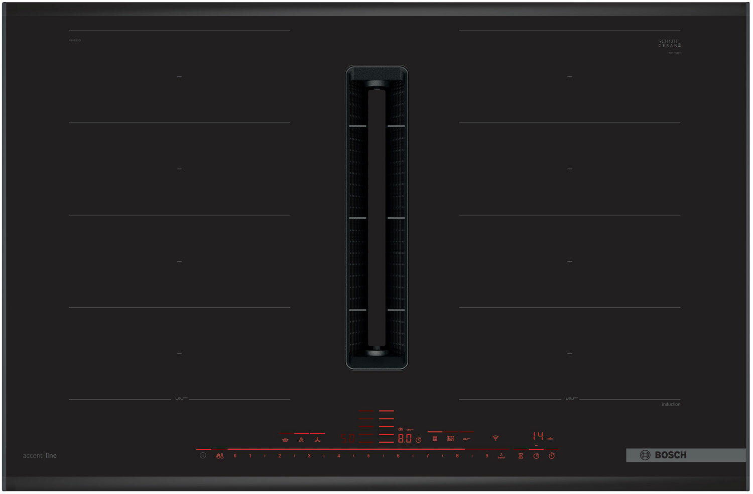Индукционная варочная панель со встроенной вытяжкой Bosch PXX895D66E 81 см, 4 конфорки стеклокерамика, черный
