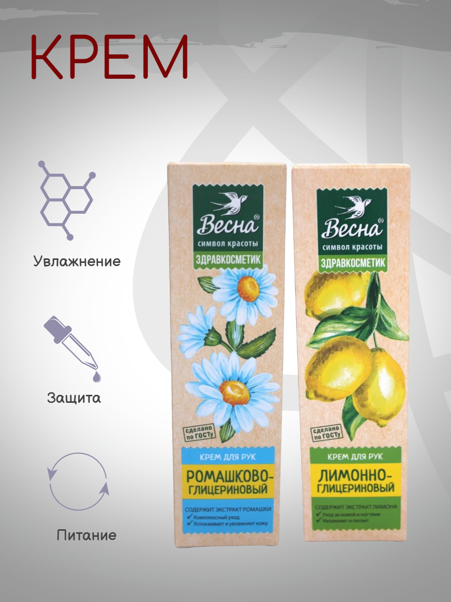Весна Здравкосметик, Крем для рук Ромашково-глицериновый, Лимонно-глицериновый 2x40мл