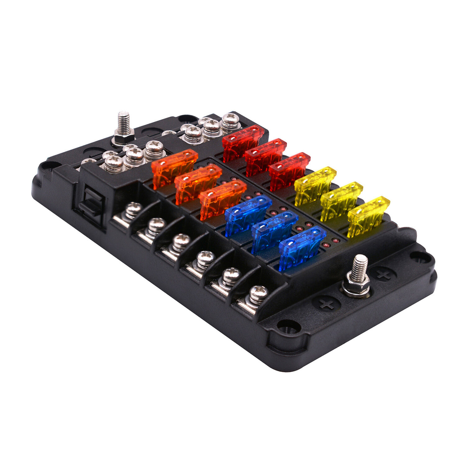 Блок предохранителей 12-позиционный со светодиодным индикатором, отрицательная шина, для лодок и авто