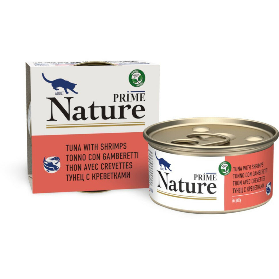 Влажный корм PRIME NATURE для взрослых кошек, с тунцом и креветками, в желе 12 шт х 85г