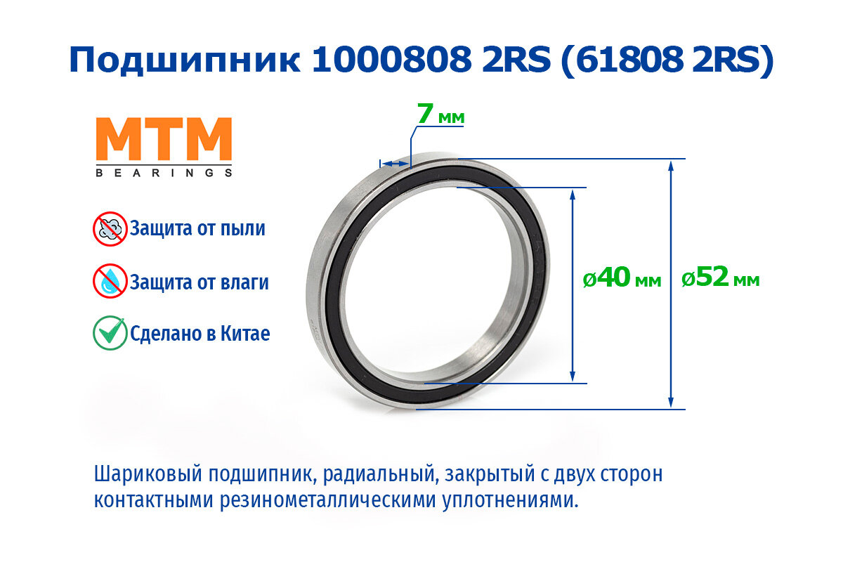 Подшипник MTM 1000808, шариковый, 2RS, промышленный, внутренний диаметр 40 мм