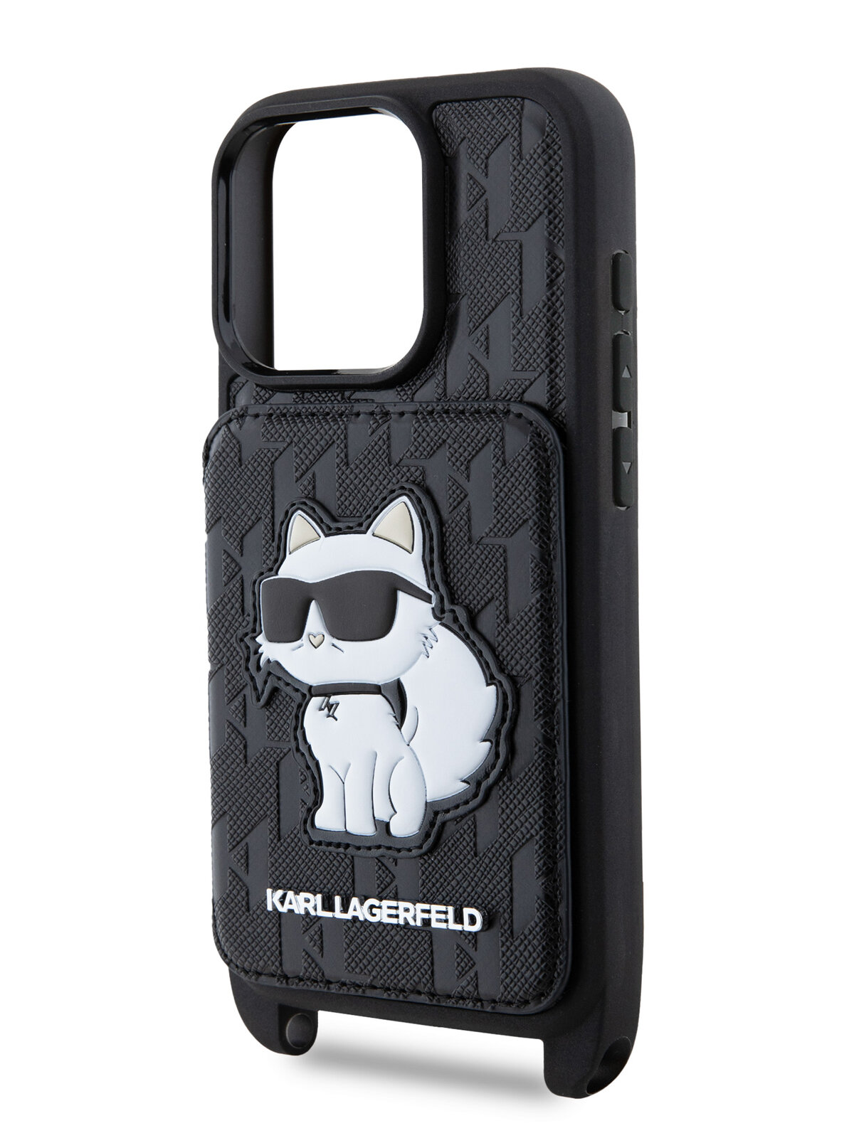 Lagerfeld для iPhone 16 Pro Max чехол Crossbody cardslot PU Saffiano Monogram NFT Choupette Hard Blk