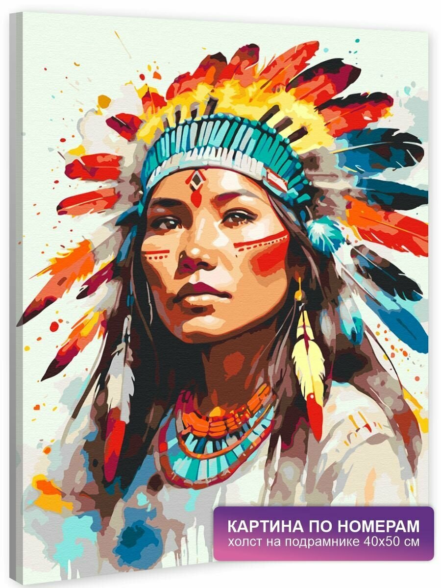 Картина по номерам на холсте с подрамником 40х50 см. Мир, вселенная, человек, люди. "Девушка-индеец", арт. 5290/