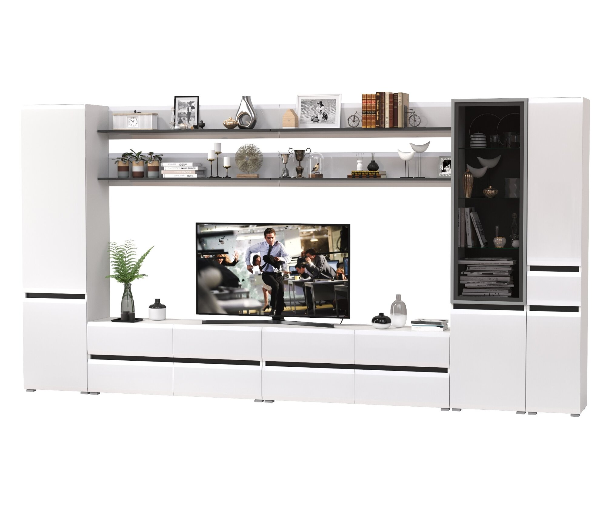 Стенка в гостиную модульная Моби Сидней № 115, цвет белый/чёрный/МДФ белый глянец, 394,8х41,3х205,2 см.