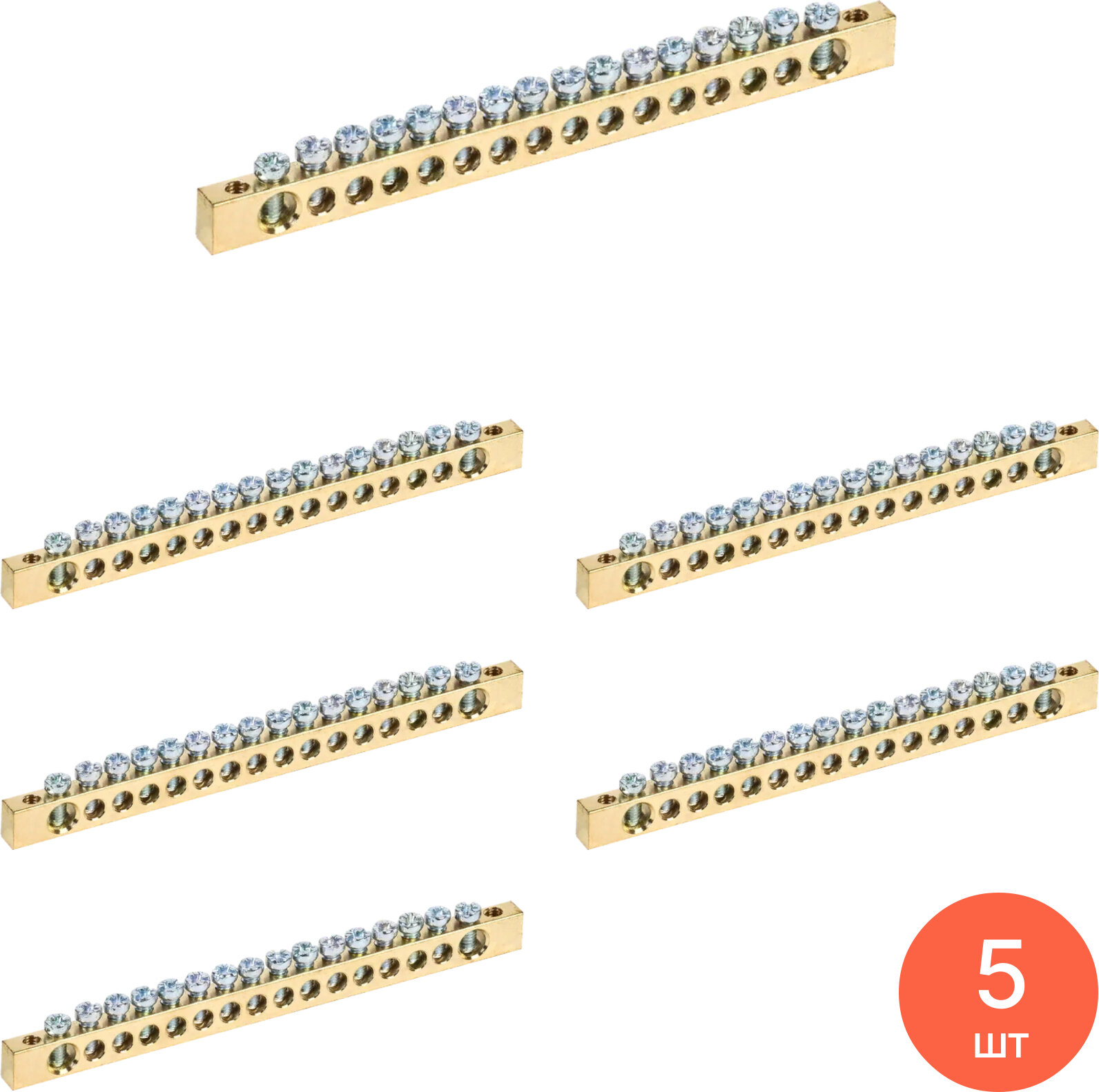 Шина IEK / ИЭК PEN земля-ноль 6х9мм 16/2, 16 групп/крепеж по краям, латунь, 114х6х9мм, 100А / соединитель проводов (комплект из 5 шт)