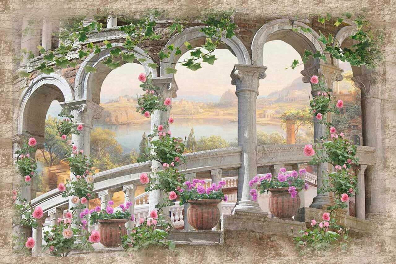 Фотообои Колонны на балконе 2-062-S 265 х 400 см (ВхШ) Бесшовные, флизелиновые, влагостойкие обои MasterFresok