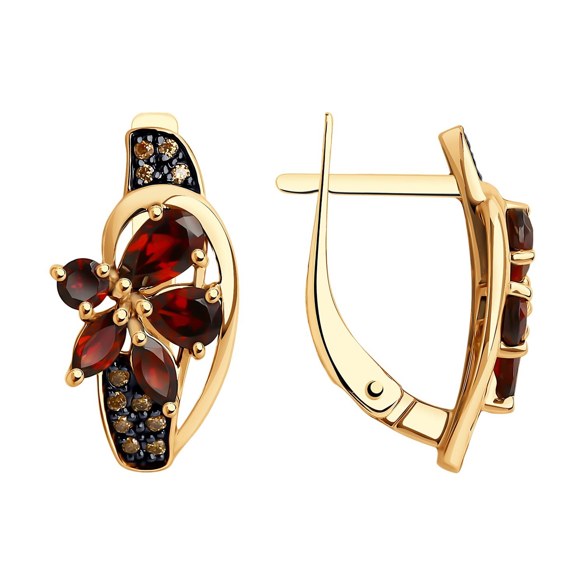 Серьги, красное золото, 585 проба, фианит, гранат