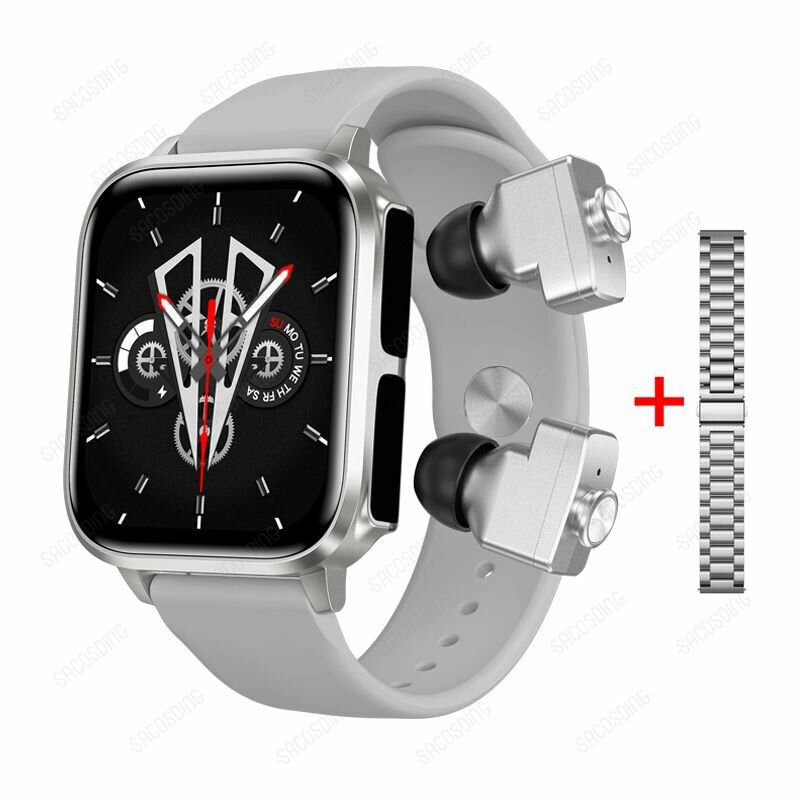 Умные часы F21-Серебряная стальная лента TWS Беспроводные наушники 1,85 дюйма пульс кровяное давление, водонепроницаемая музыка