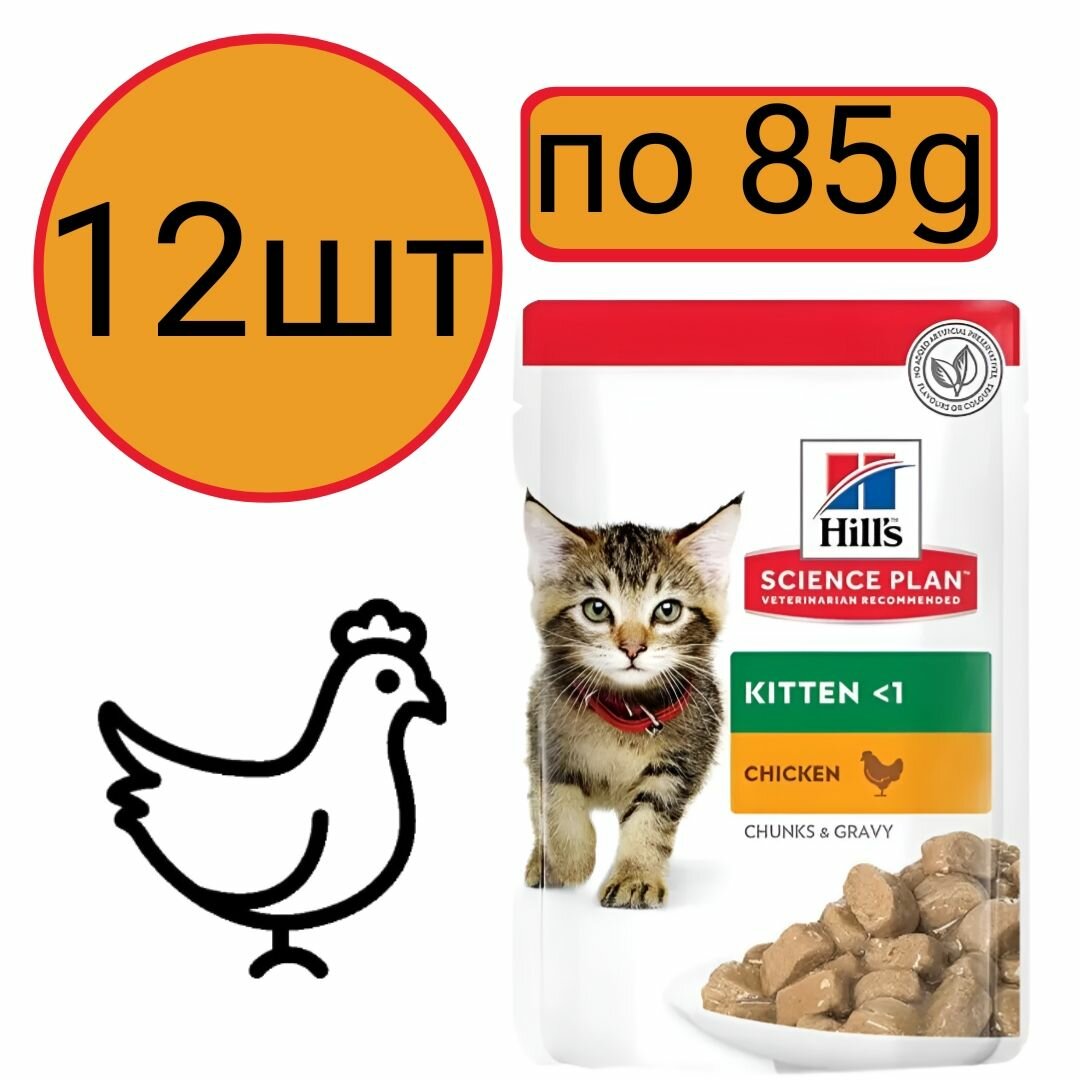 Влажный корм Hill's kitten Science Plan для котят, для здорового роста и развития, курица (12шт по 85г)