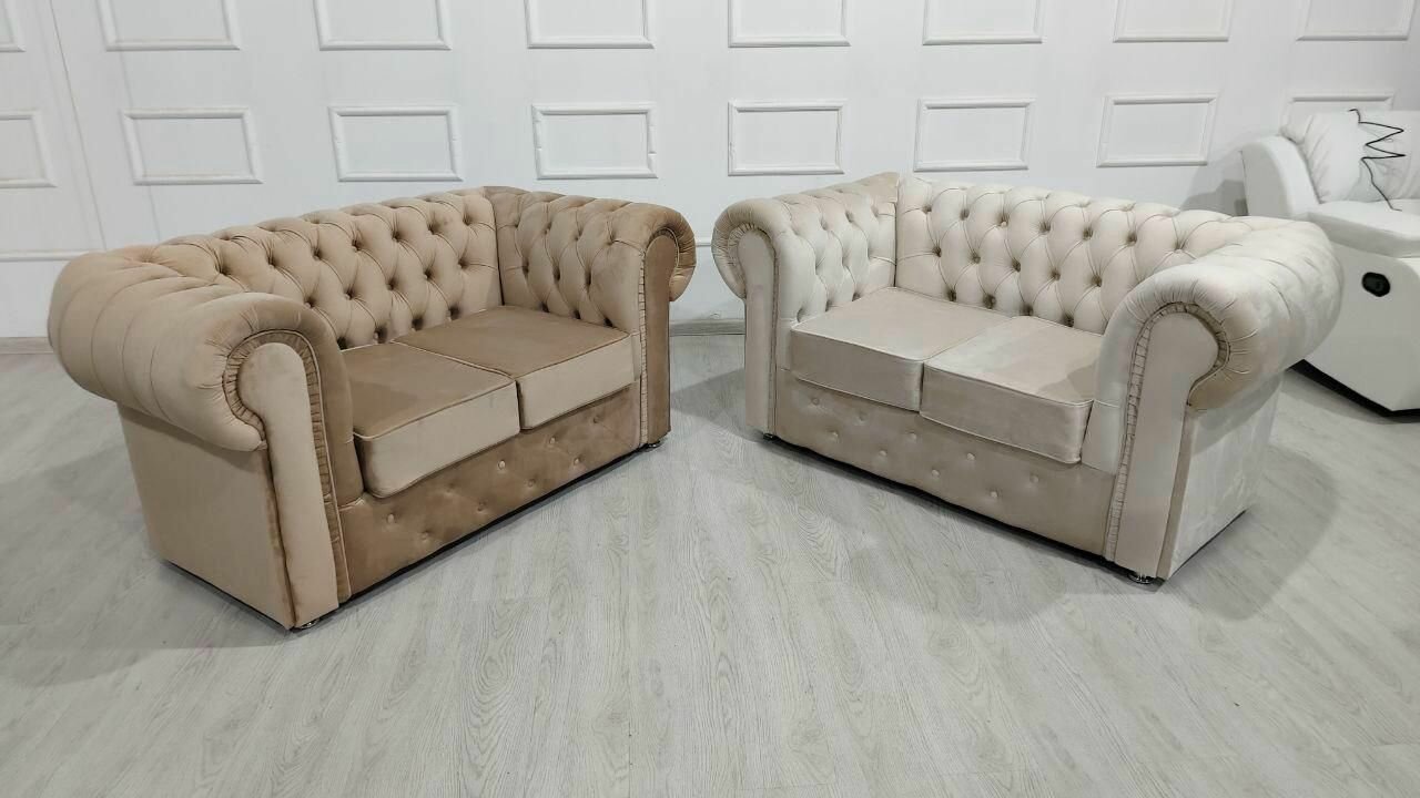 Диван Честер, двухместный, нераскладной, искусственный велюр, слоновая кость