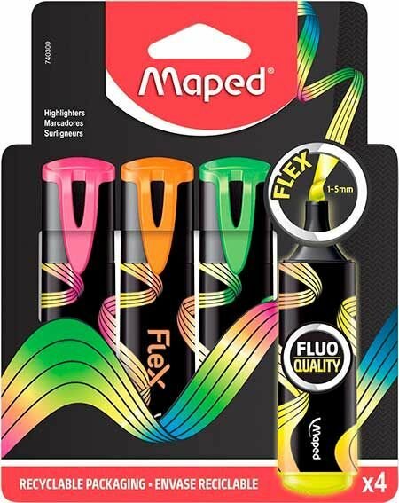 Текстмаркеры Maped "Fluo Pep's Flex", 4 цвета, гибкий пишущий узел (740300)