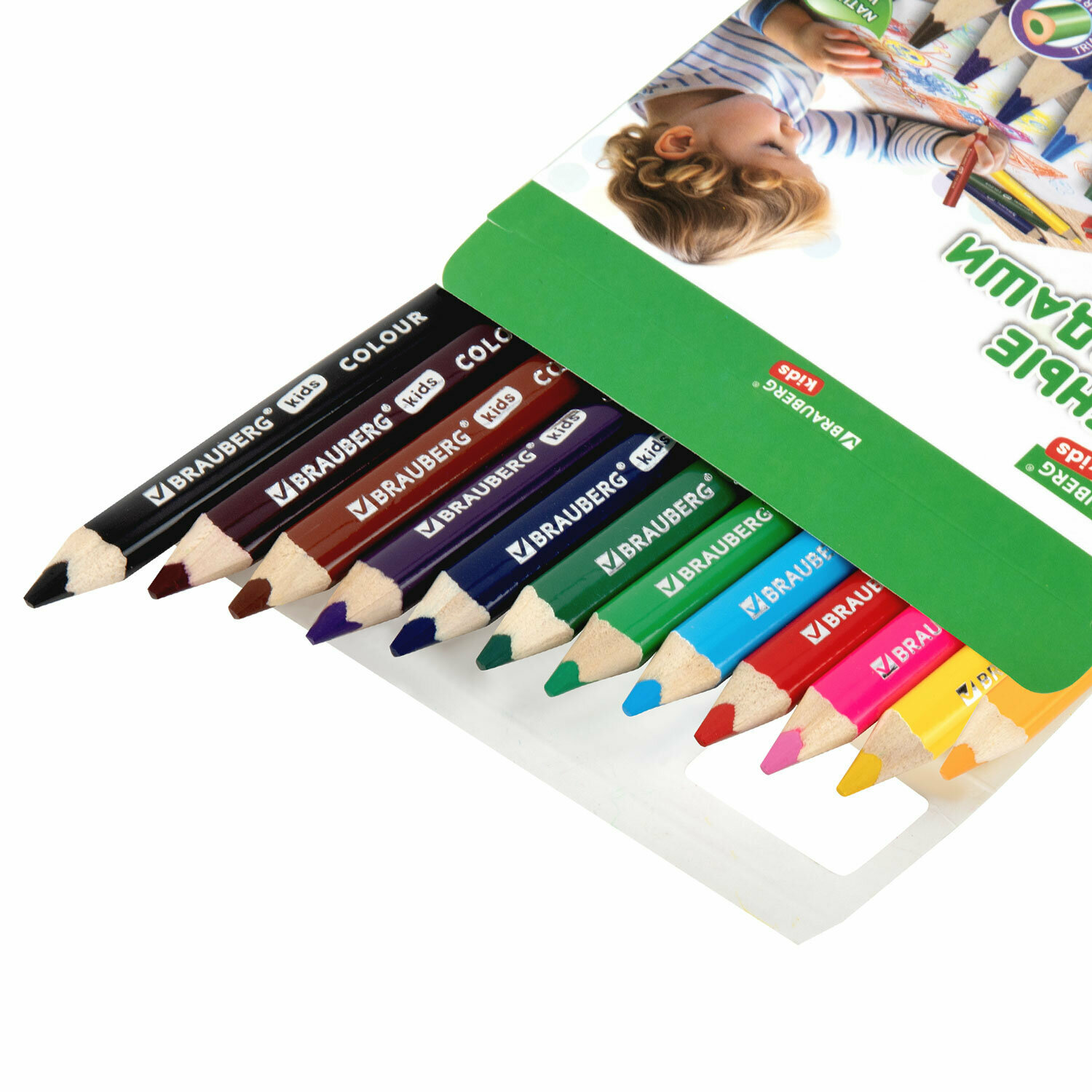 Упаковка 6 шт. Карандаши цветные толстые для малышей 12 цветов + точилка В подарок! трехгранные, натуральное дерево BRAUBERG KIDS, 182058