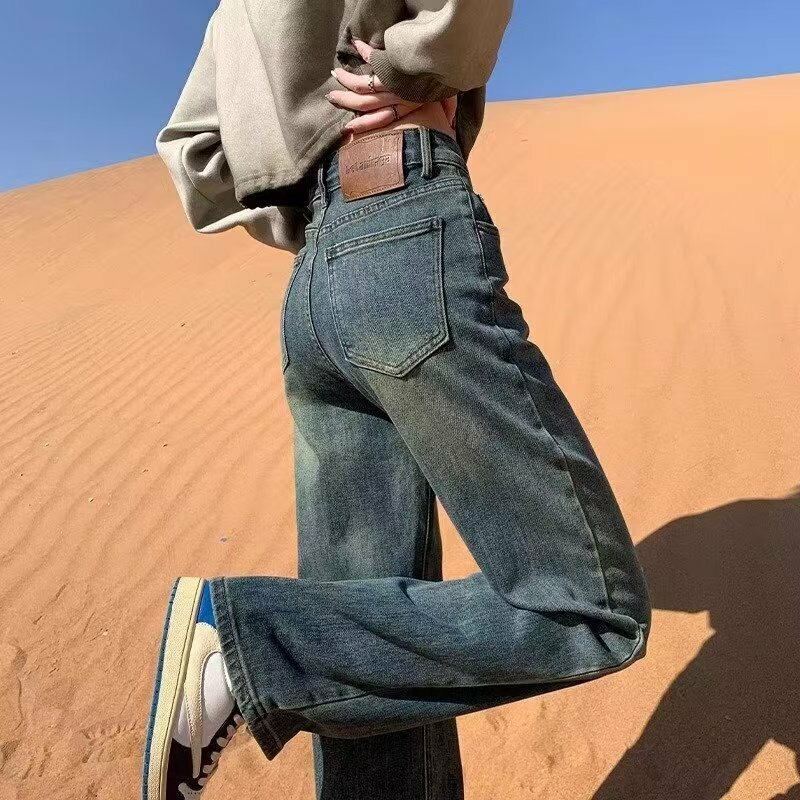 Женские джинсы LI Mall С мехом высокая цементно-серый прямой, Размер_