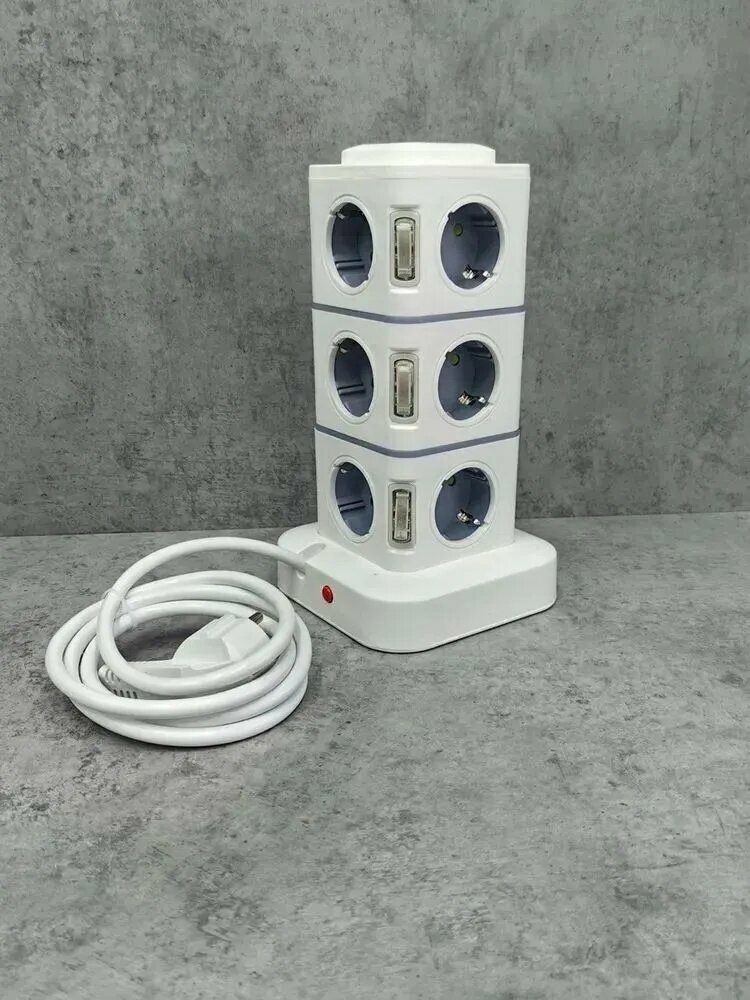 Удлинитель, сетевой фильтр башня 12 евророзеток, c USB, 2TYPE-C