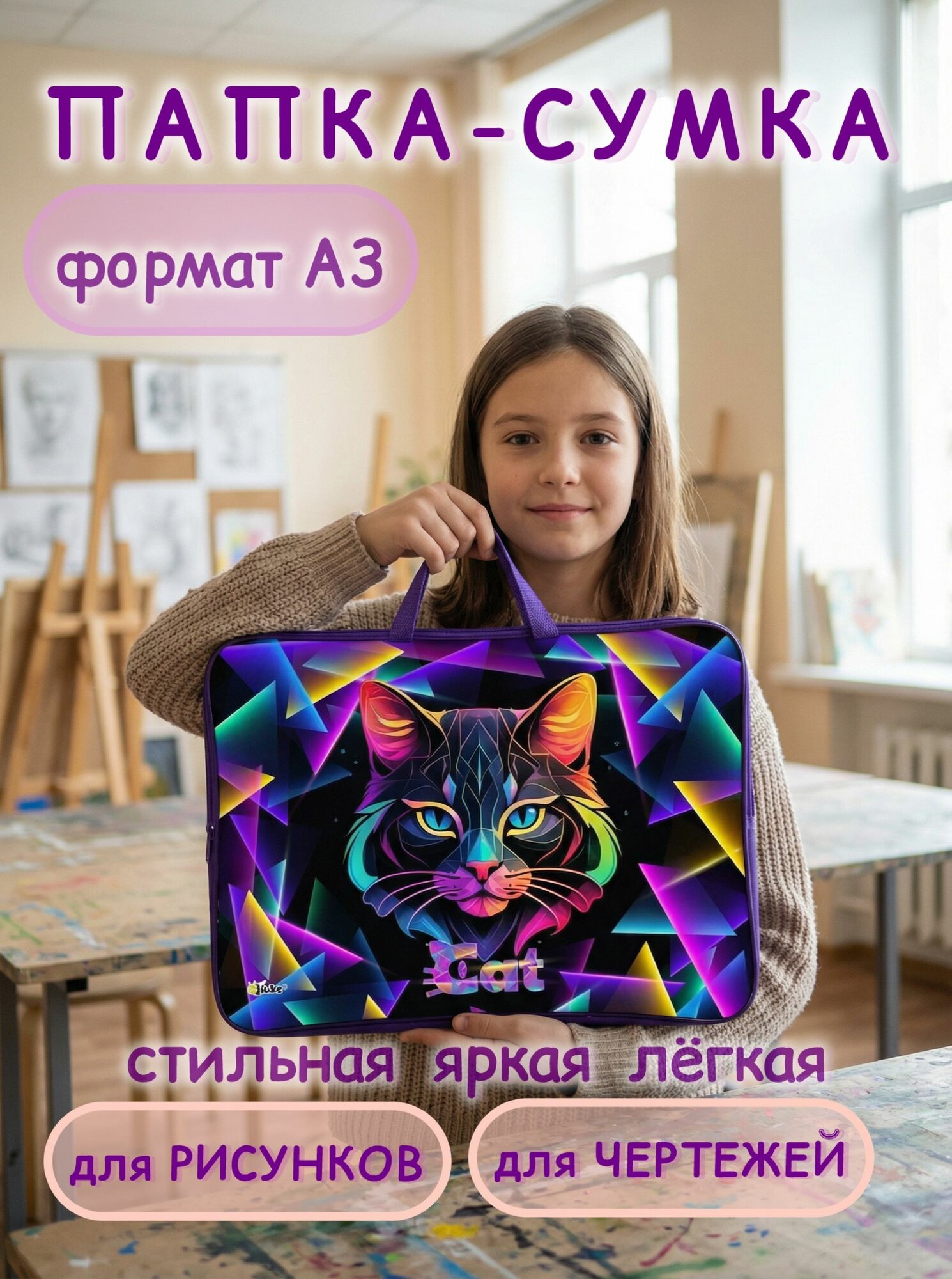 Папка с ручками "GEOMETRIC CAT" формат А3, на молнии