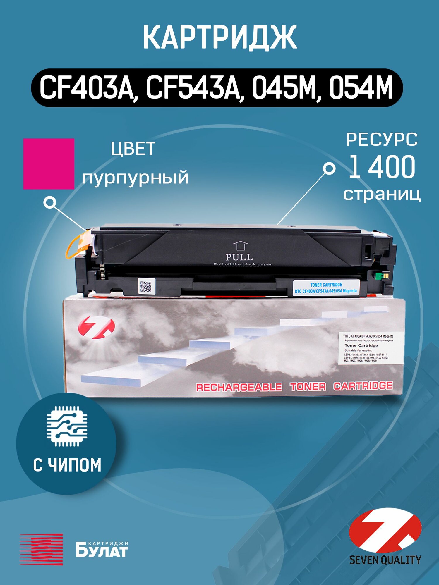 Картридж 7Q CF403A/CF543A/045M/054M для HP Color LJ M252, Color LJ M254, Canon LBP611, LBP621 (Пурпурный, 1400 стр.), с чипом