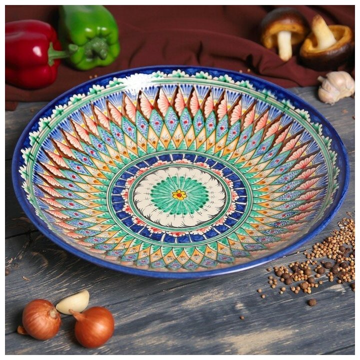 Ляган Риштанская Керамика "Узоры", 33 см, глубокий, синий