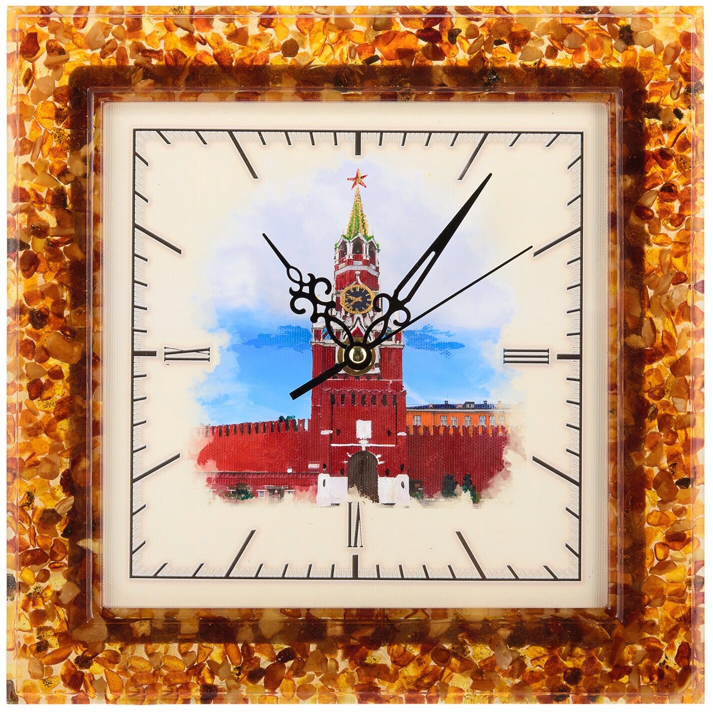 0068070-СБ изделие из янтаря (часы настенные) 25*25см Комби, янтарь, полиграф, вставка