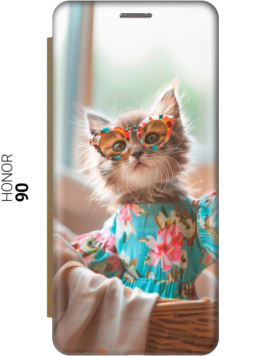 Чехол-книжка на Honor 90 / Хонор 90 с рисунком "Кошечка в голубом платье" золотой