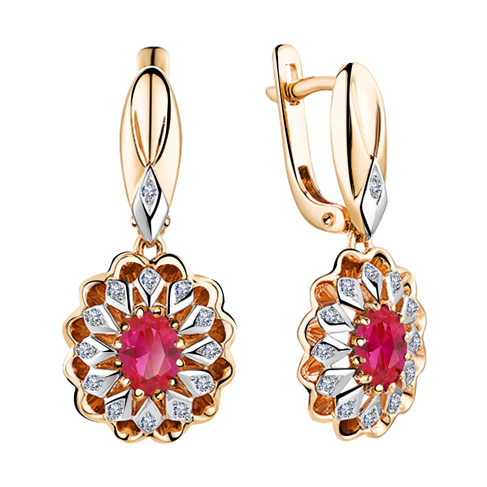 Серьги красное золото, 585 проба, рубин, бриллиант