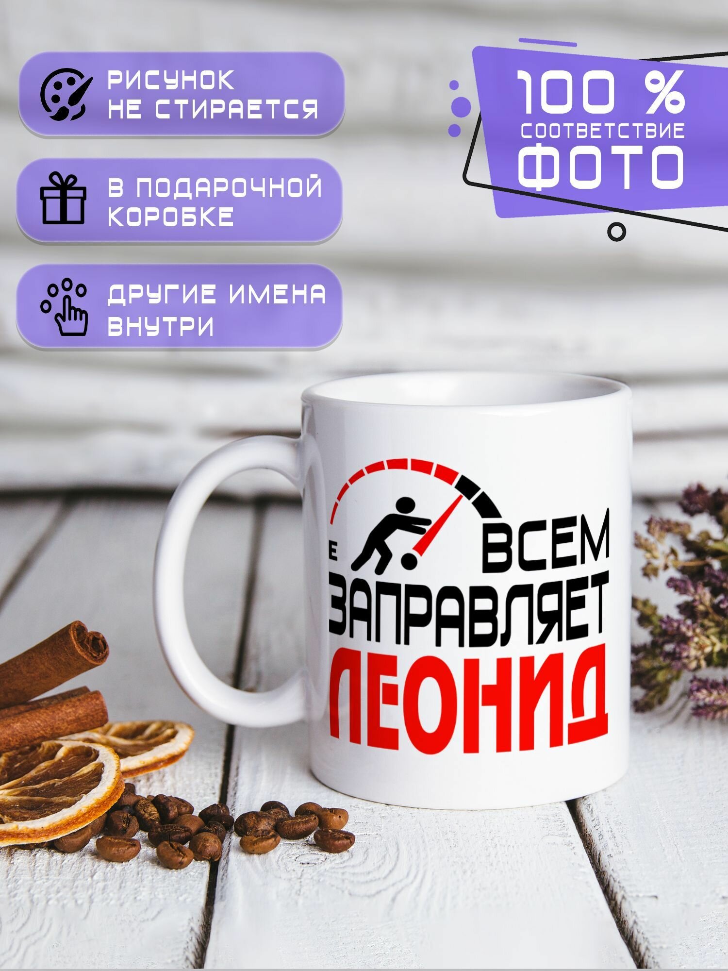 Кружка керамическая подарок на день рождения, именная с принтом "Всем заправляет Леонид"