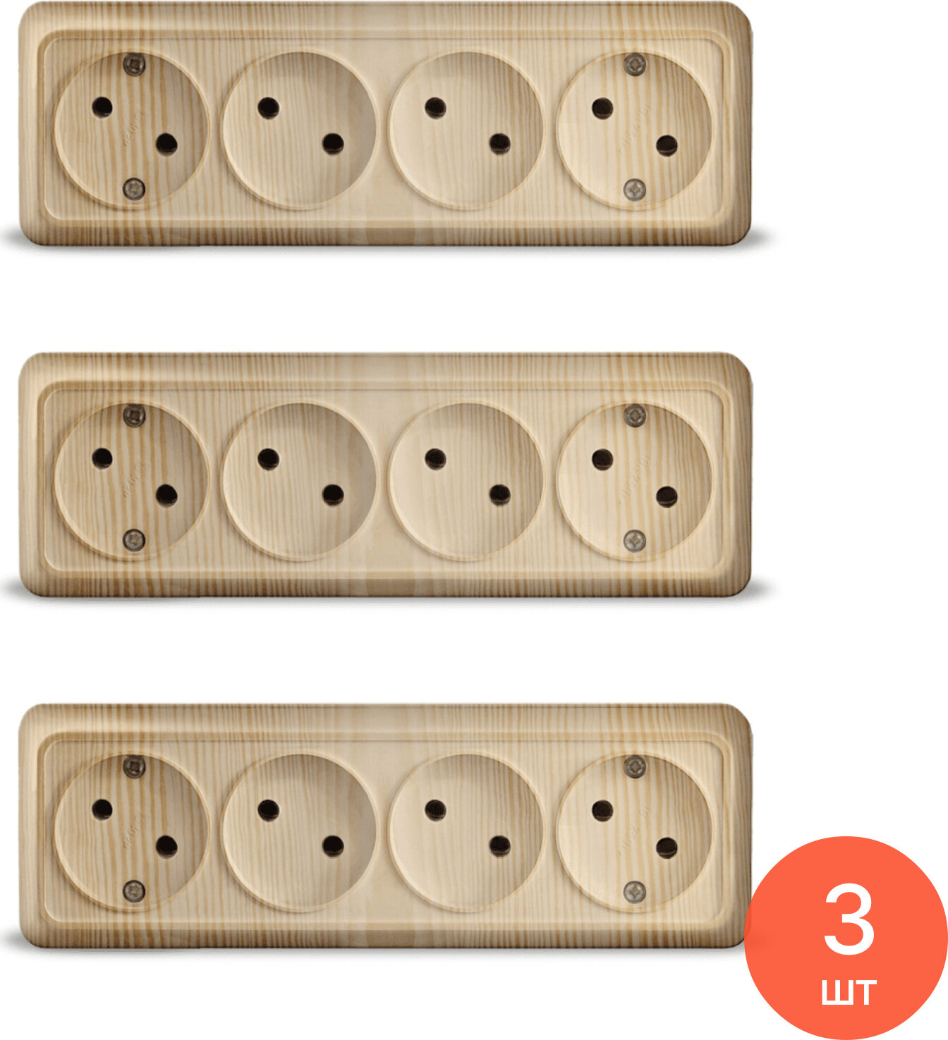 Розетка силовая штепсельная UNIVersal / Юниверсал Олимп еврослот, 16А 220В ОП сосна, 4-местная без заземляющих контактов, 1174 / электрооборудование (комплект из 3 шт)