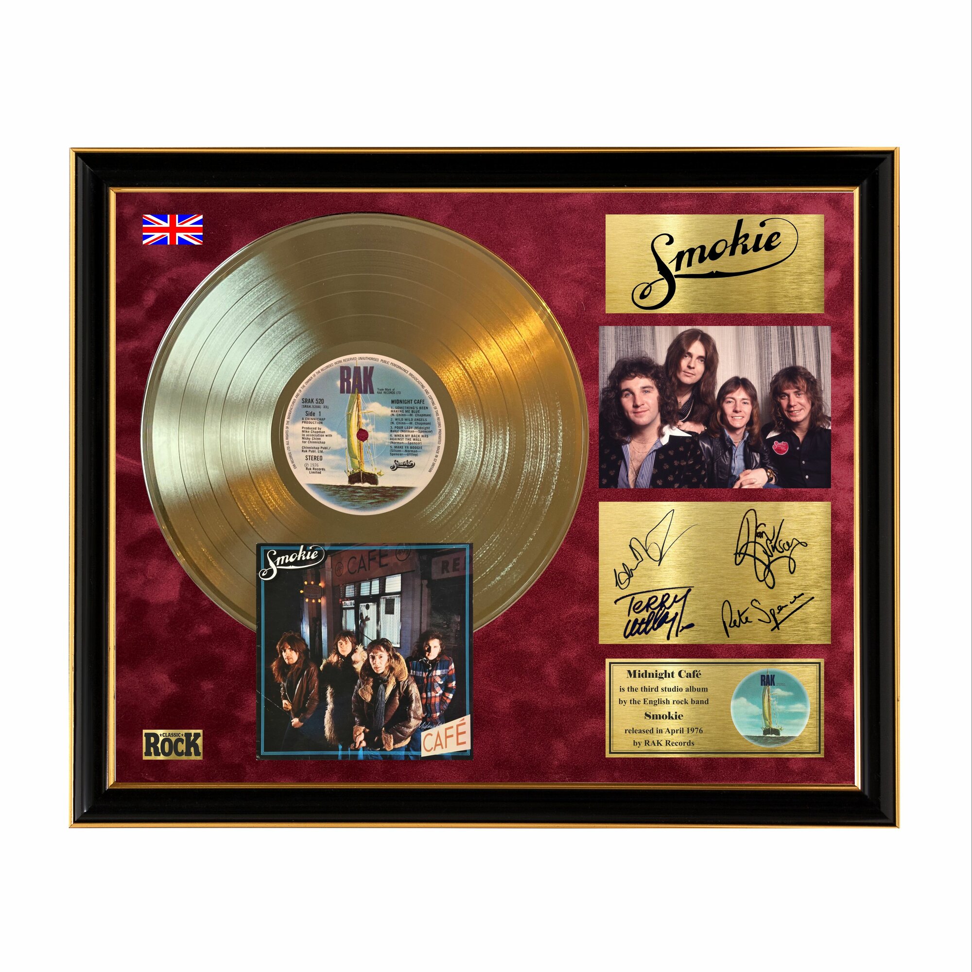 Золотой винил Smokie midnight cafe с автографом в рамке