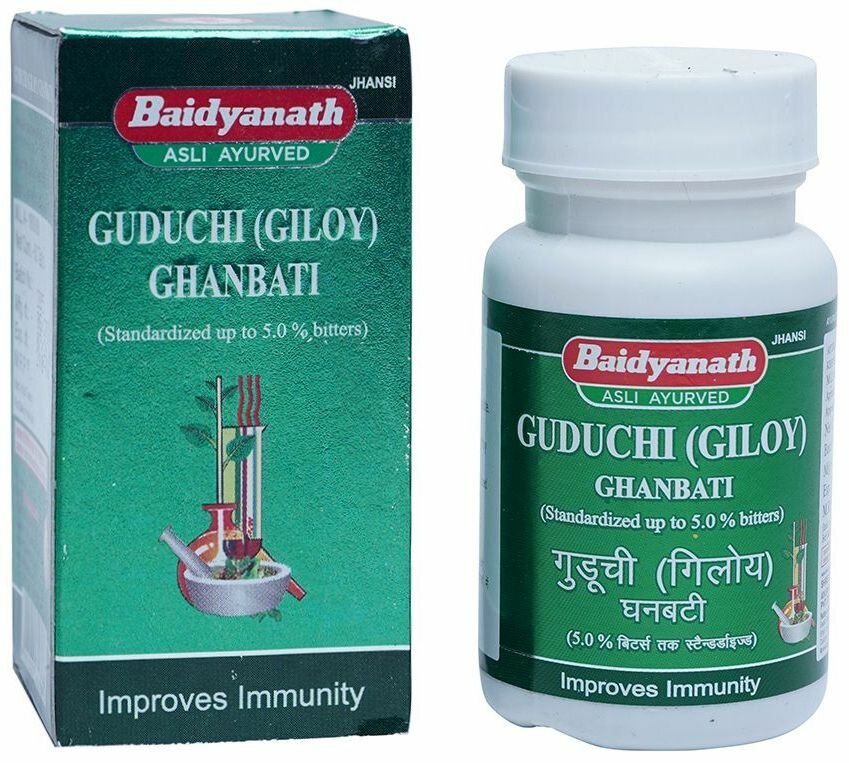 Гудучи Гилой Гхан Вати для иммунитета, жарпонижающее, выводит шлаки и токсины Guduchi Giloy Ghanbati Baidyanath