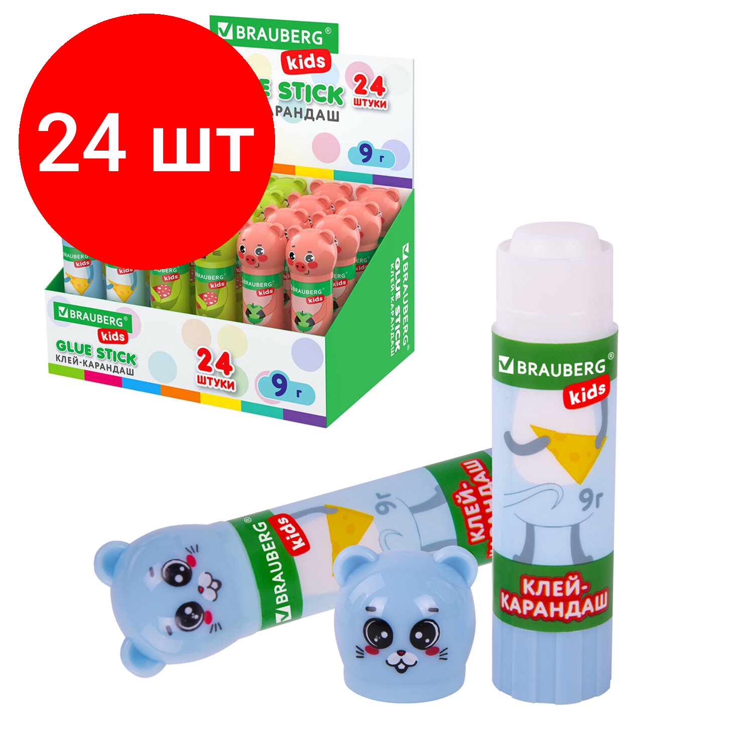 Комплект 24 шт, Клей-карандаш "Зверята: кошка, мышка, хрюшка", 9 г, фигурный колпачок, BRAUBERG KIDS, 271138
