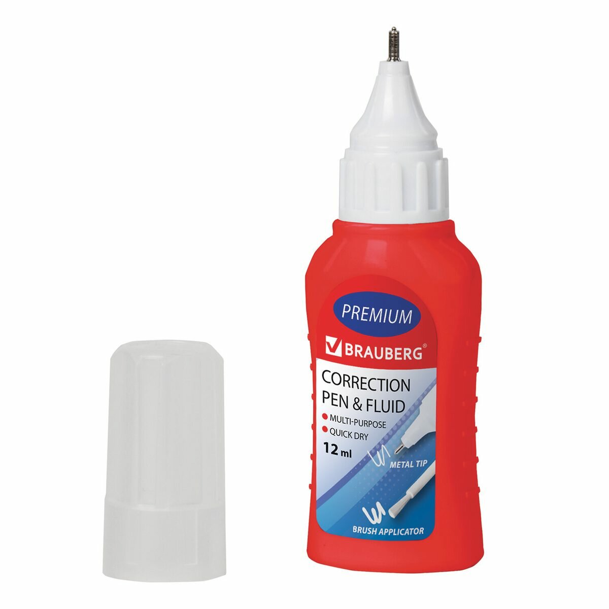 Корректирующая жидкость Brauberg, 12мл, 2-в-1: металлический наконечник + кисточка (225217), 12шт.