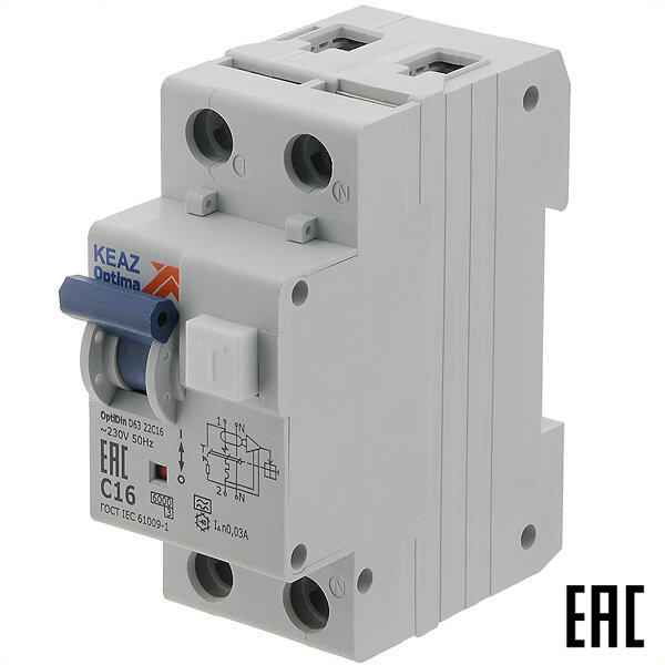Дифференциальный автоматический выключатель КЭАЗ OptiDin Д63-22С16-УХЛ4-А (тип А) 16А-30мА 230В 1Р+N 103507