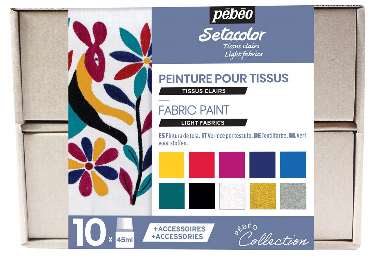 Набор красок по ткани Pebeo Setacolor Light Fabrics, "Коллекция", для светлых тканей, с аксессуарами, 10 цветов, 45 мл