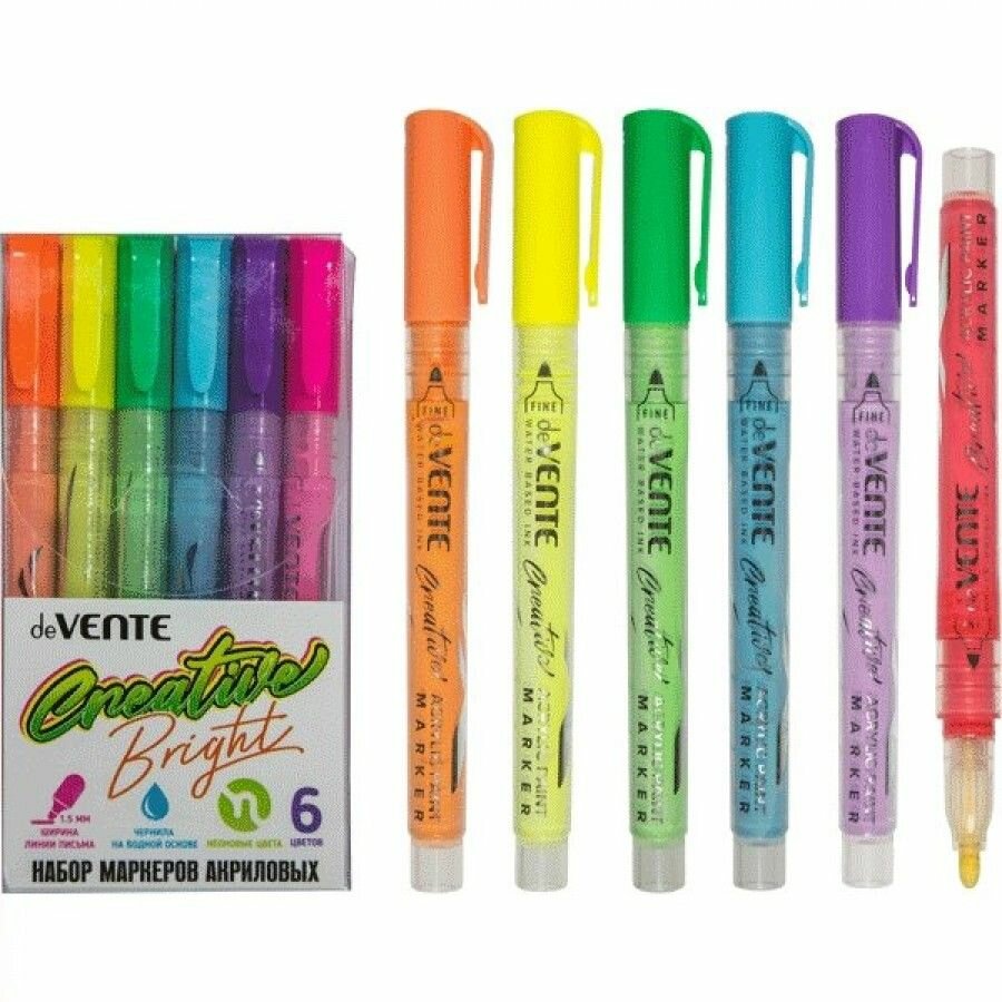 Набор акриловых маркеров deVENTE 6 цветов, Creative Bright, неоновые 1,5 мм, пылевидные, пластиковая упаковка