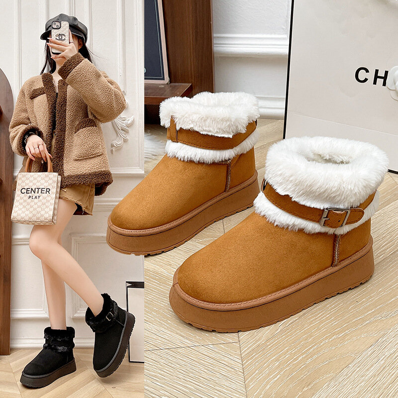 Большие зимние ботинки для женщин из бархата и толстого материала, корейская версия 2025 года, зимние, на толстой платформе, теплые, нескользящие, короткие ботинки