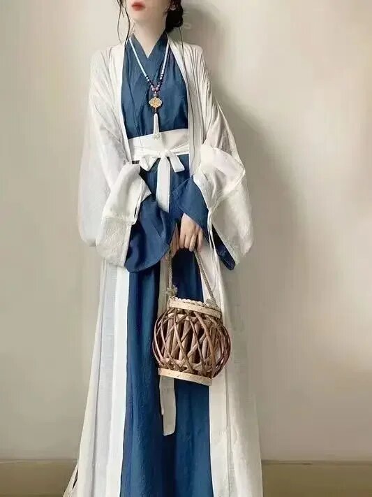 Женский костюм ханьфу PVCNB синий белый bust 90-100cm, ivory navy set