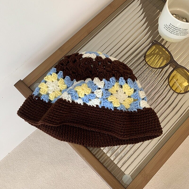 Летняя шерстяная рыбацкая шапка ручной работы для женщин, полая дышащая шляпа-ведро в корейском стиле, модная вязаная шапка в стиле Хёна