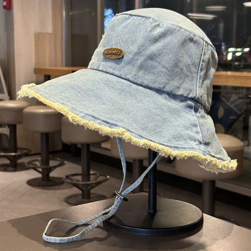 Японская джинсовая рыбацкая шляпа для мужчин и женщин, летняя уличная шляпа от солнца в стиле ретро, маленькая шляпа-тазик со старой меховой опушкой