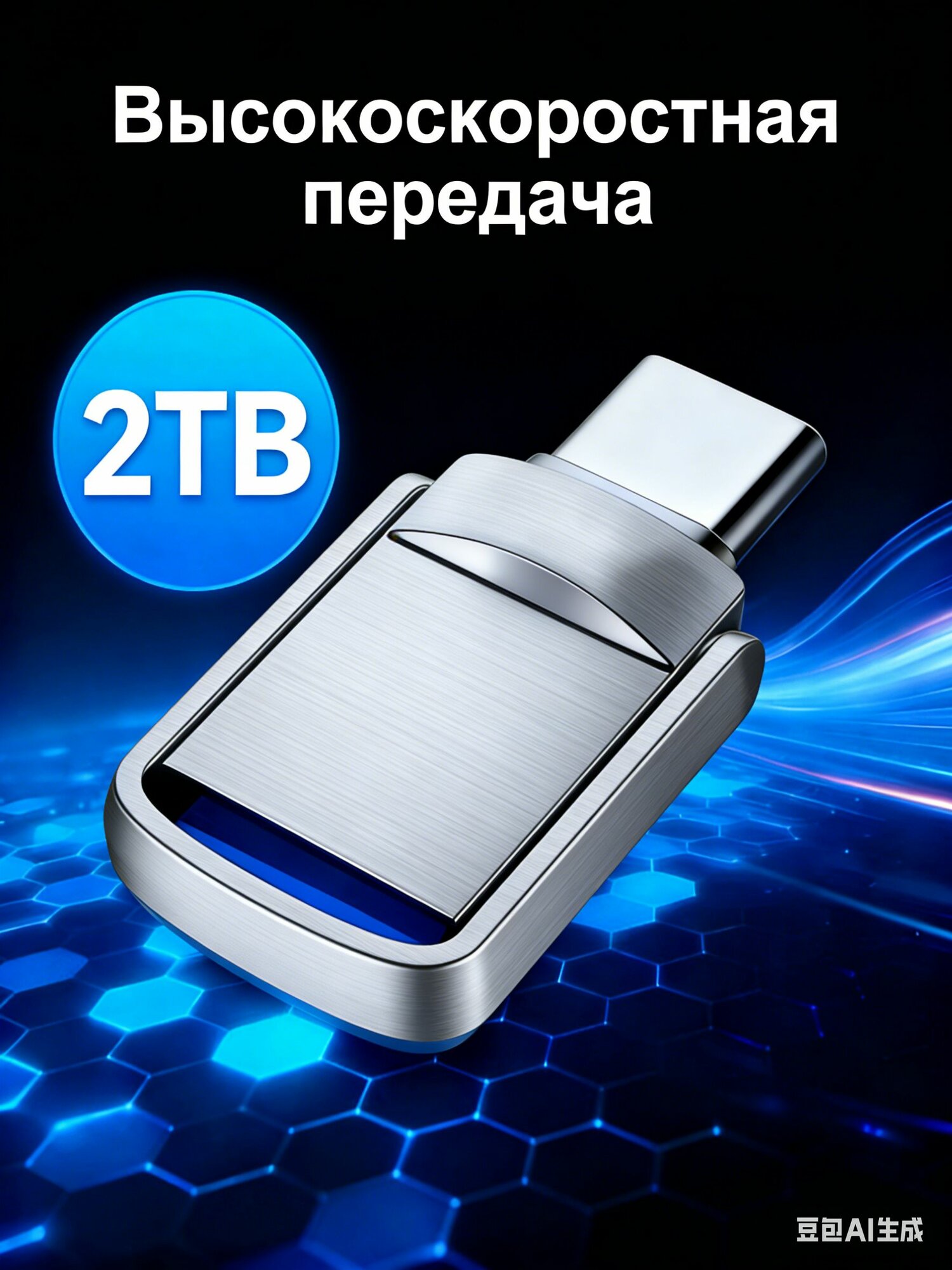 USB 2 в 1, USB 3.1 + Type-C флеш-накопитель 2 ТВ, серебристый