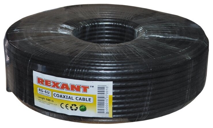 Кабель коаксиальный RG-6U, 75 Ом (64%) Outdoor, черный Rexant (бухта 100 м) {01-2202}