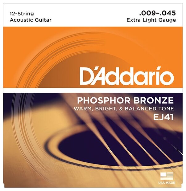 EJ41 Phosphor Bronze Комплект струн для акустической 12-струнной гитары, Extra Light 9-45, D'Addariо